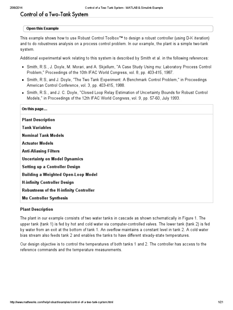 Control of A Two-Tank System - MATLAB & Simulink Example PDF | PDF ...