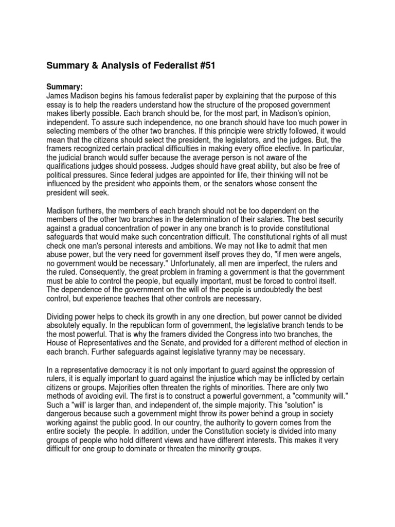 Summary & Analysis of Federalist #51 | PDF | James Madison | Presidents ...
