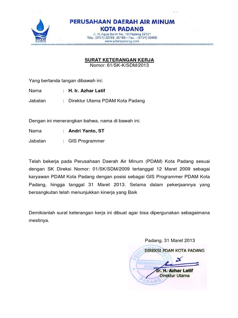 Surat Keterangan Kerja Pdam | PDF | Karier & Perkembangan | Bisnis