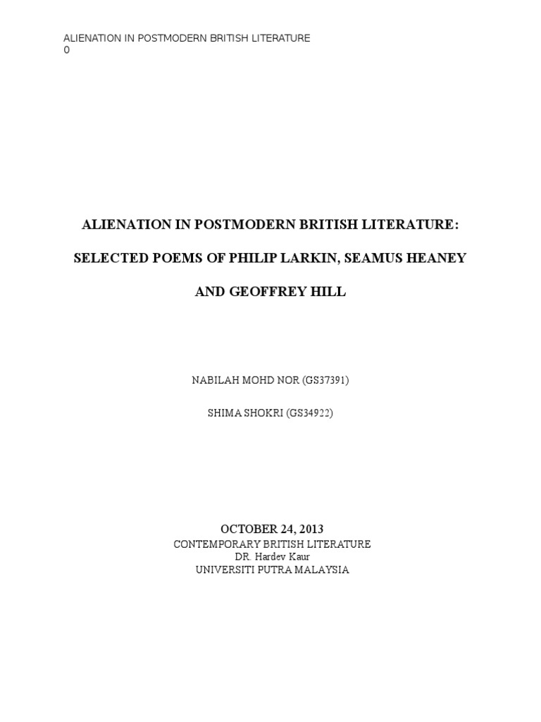 Alienation in Postmodern British Literature: Selected Poems of Philip ...