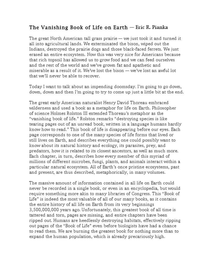 The Vanishing Book of Life On Earth - Eric R. Pianka PDF | Download Free PDF | Conservation ...