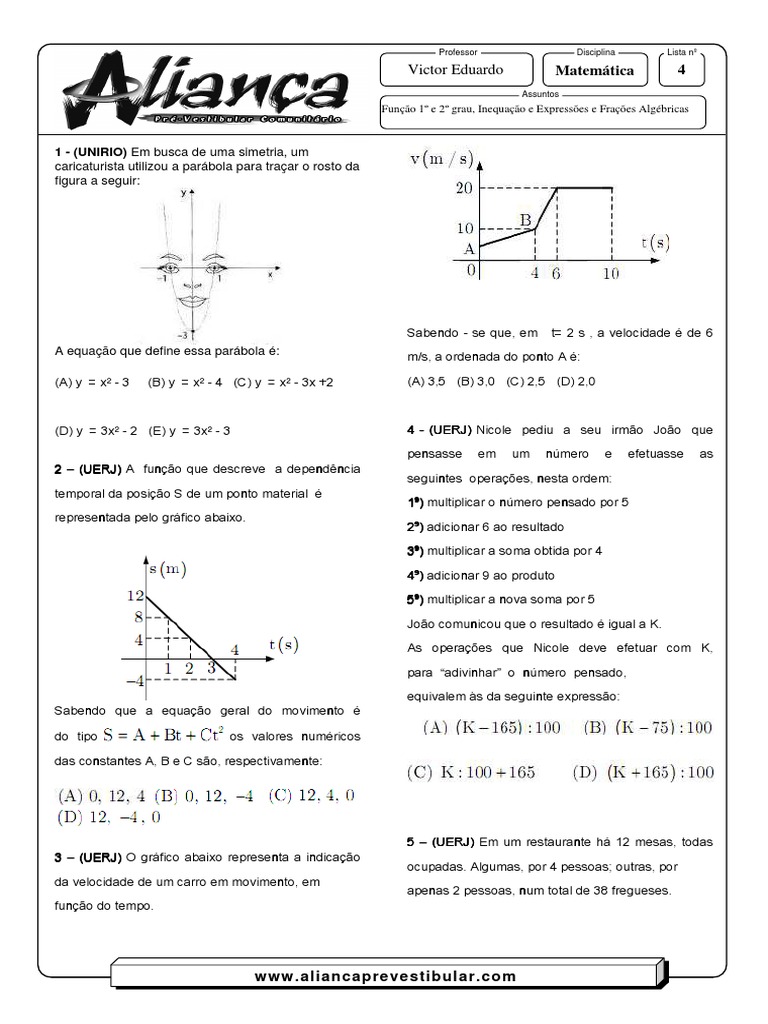 Lista de exercícios de matemática com funções de 1o e 2o grau | PDF ...