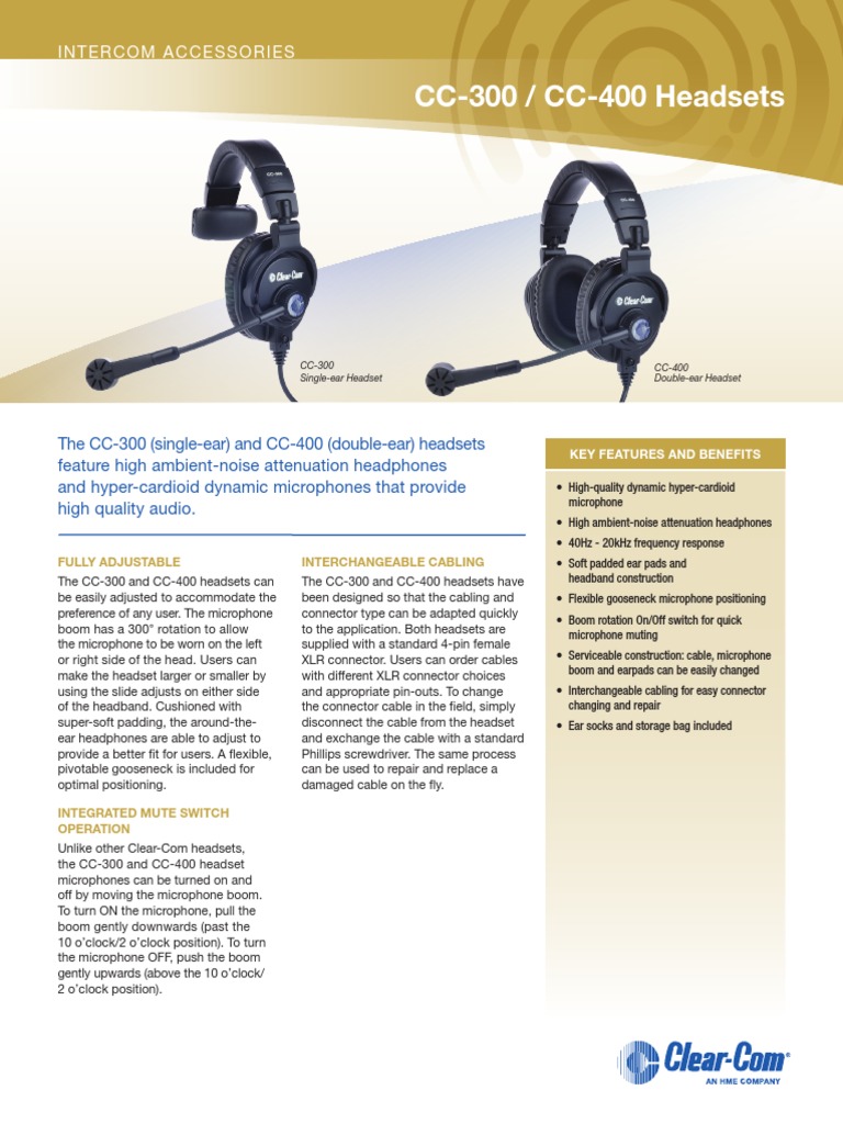 Clear-Com CC-300-400 Headset Datasheet PDF | PDF | Headphones | Microphone