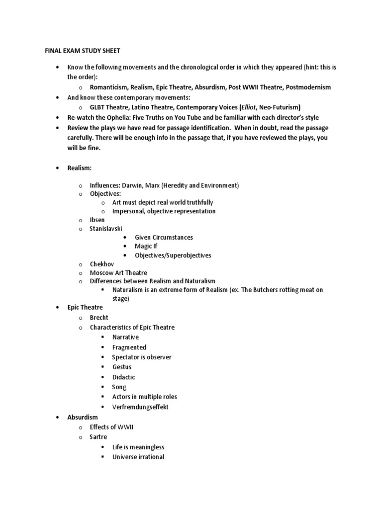 Theatre History Final Exam Study Sheet | PDF | Theatre | Performing Arts