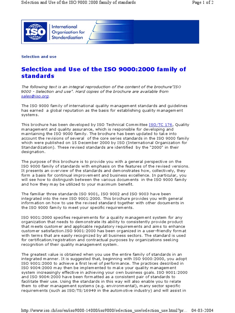 Selection And Use Of The Iso 9000 2000 Family Of Standards Pdf Iso
