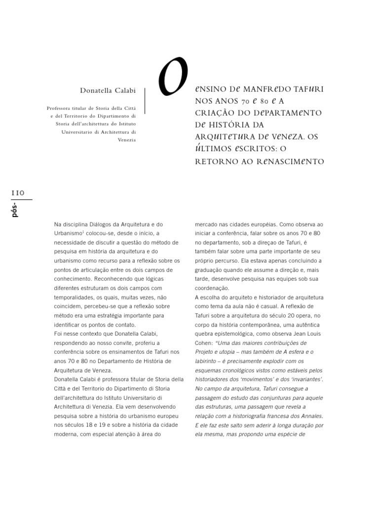 CALABI, Donatella - O Ensino de Manfredo Tafuri Nos Anos 70 e 80 PDF ...