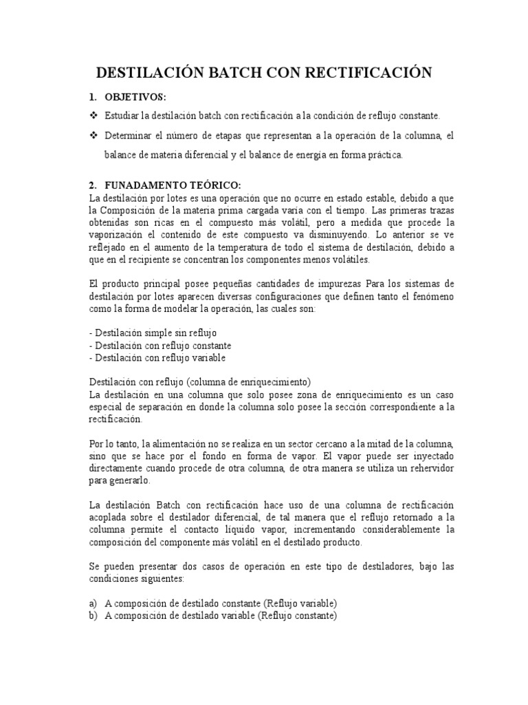 Destilación Batch Con Rectificación | PDF | Destilación | Procesos industriales