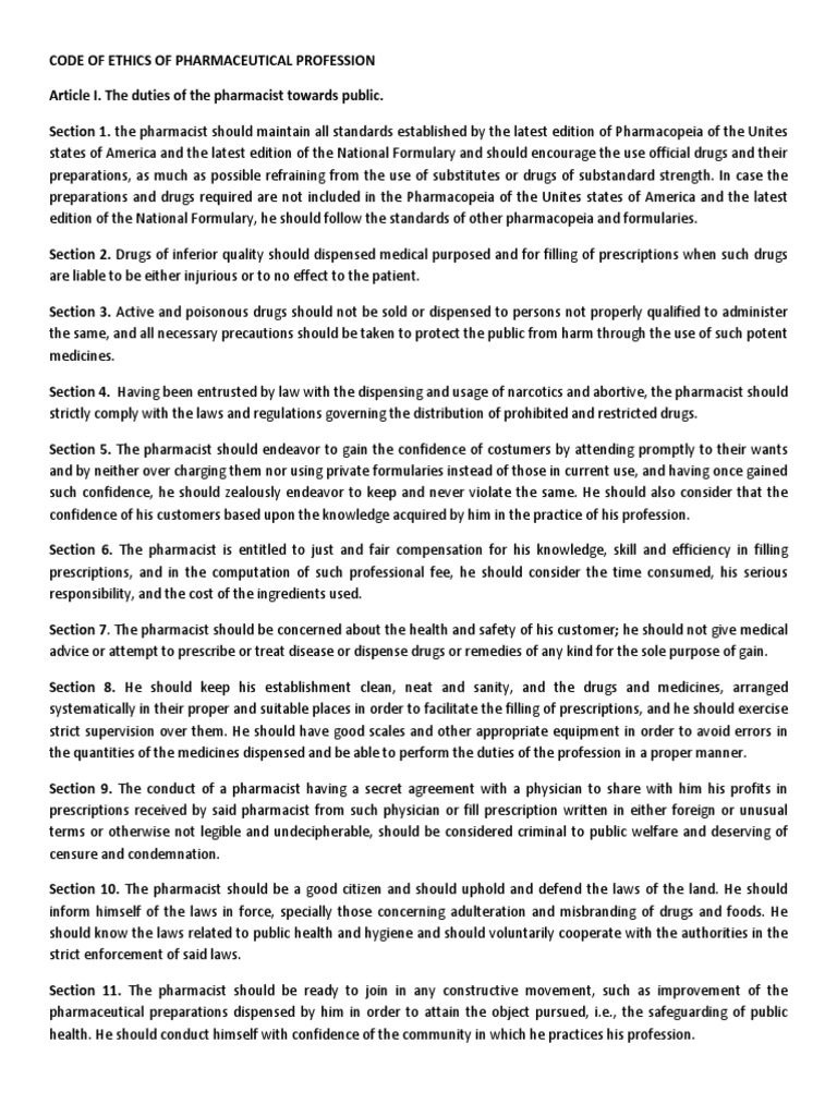 Pharmaceutical Code of Ethics Overview | PDF | Medical Prescription ...