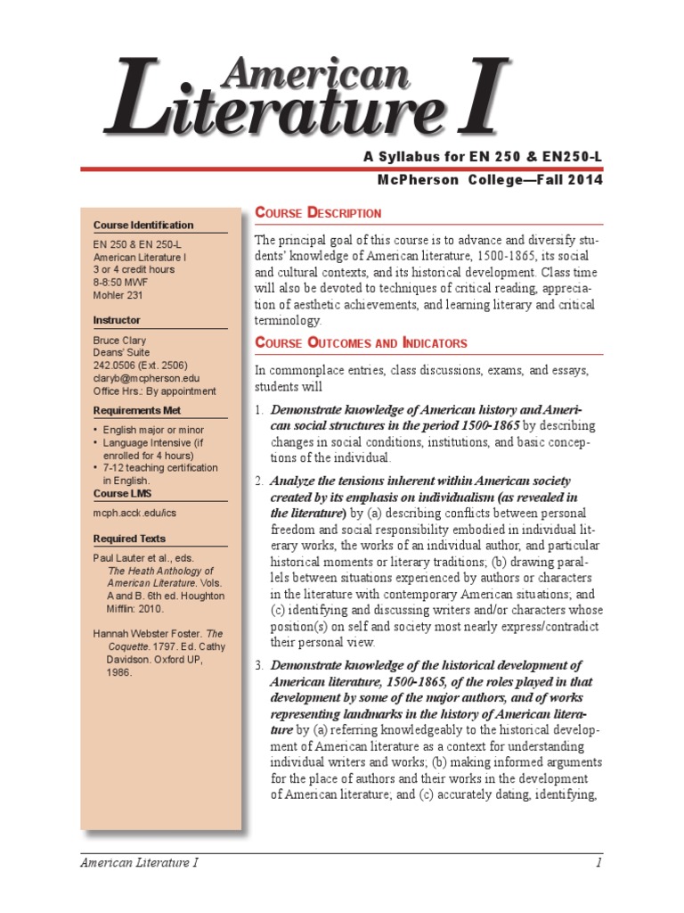 Syllabus: EN250 American Literature I | American Literature | Essays