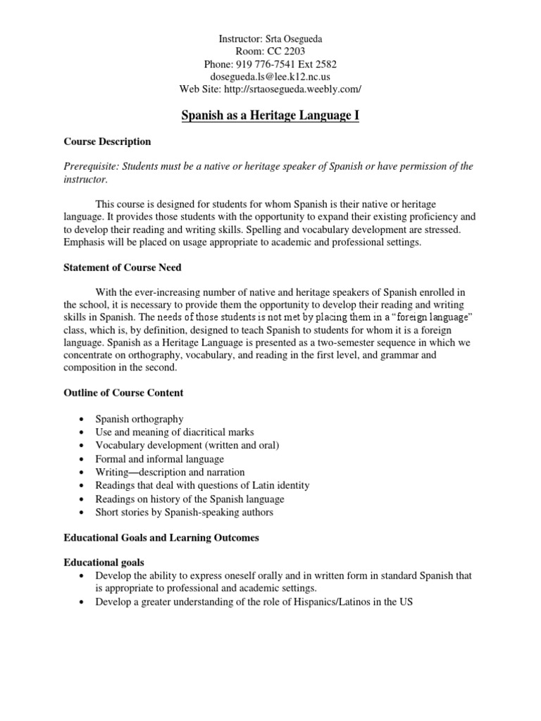 Spanish As A Heritage Language I Syllabus | Download Free PDF ...