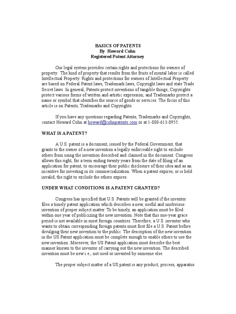 Basics of Patents by Howard Cohn Registered Patent Attorney | PDF ...