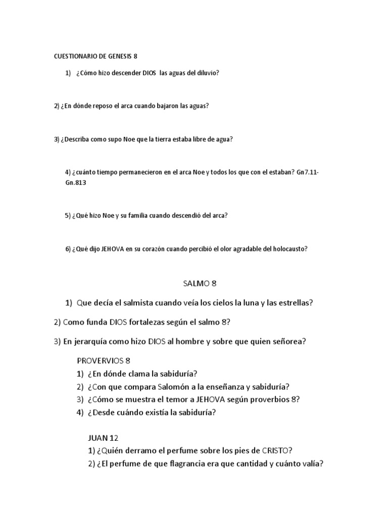 Cuestionario de Genesis 8 Salmos 8 Provervios8, Juan 12 y Apoc. 8 | PDF