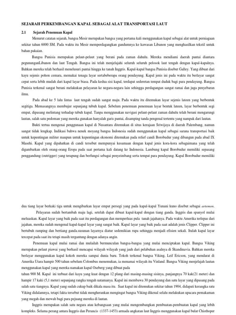 Sejarah Perkembangan Kapal Sebagai Alat Transportasi Laut | PDF