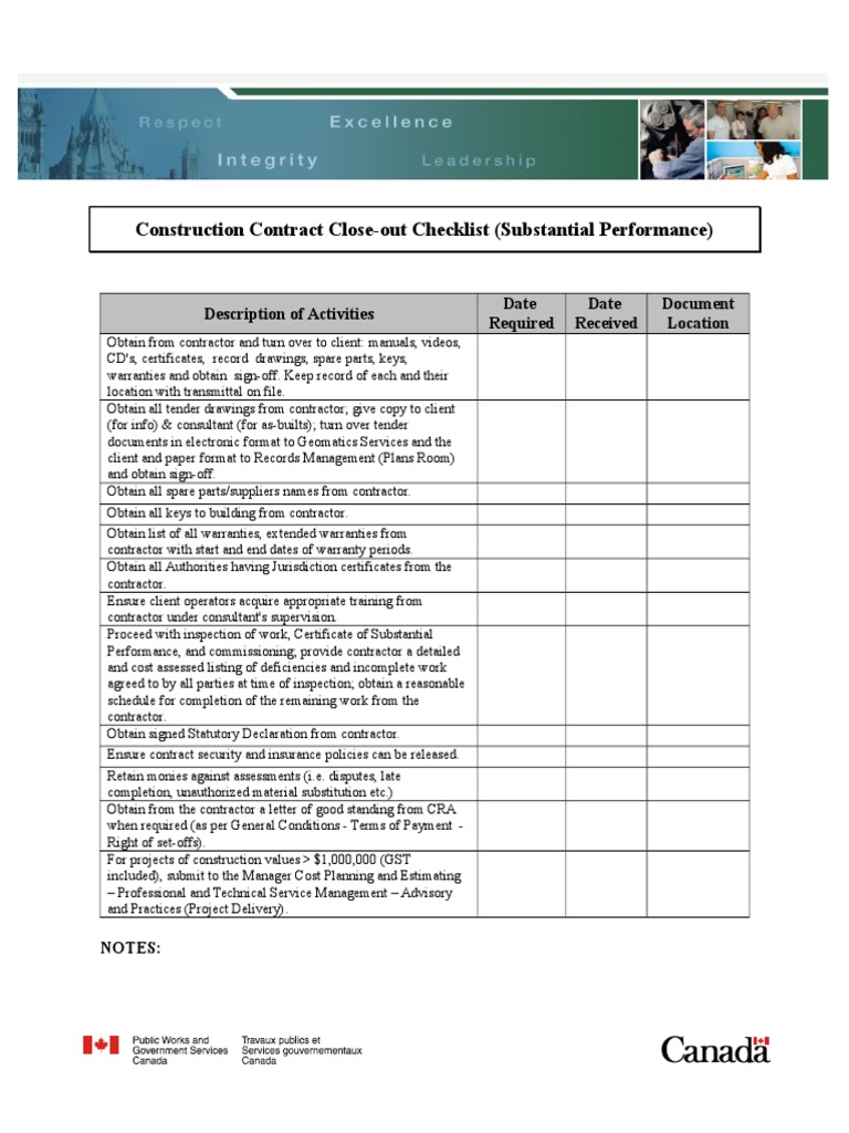 Construction Contract Close-Out Checklist (Substantial Performance) | PDF
