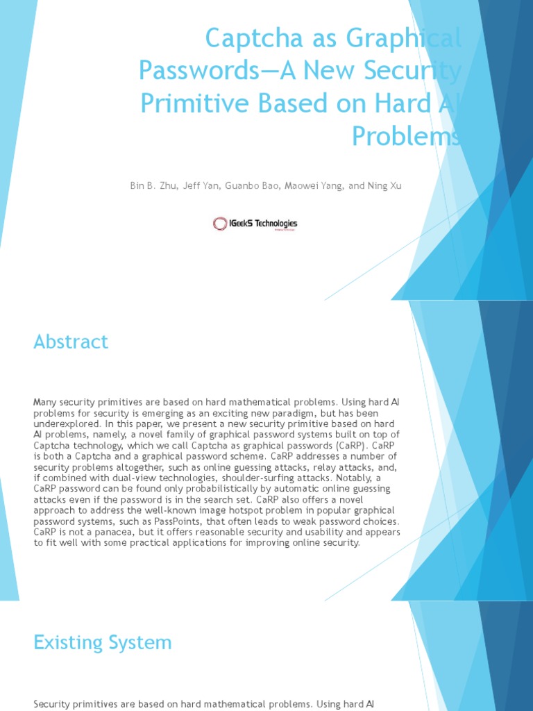 Captcha As Graphical Passwords A New Security Primitive Based On Hard Ai Problems Pdf