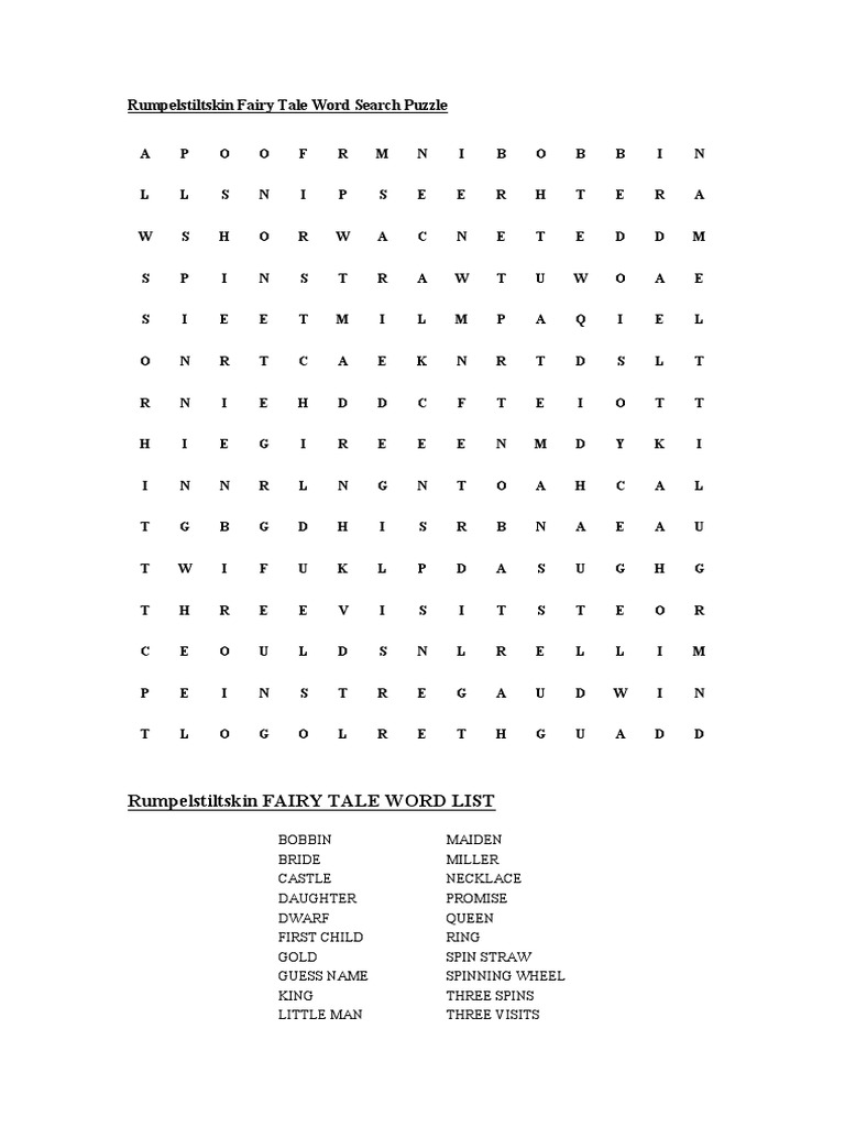 Rumpelstiltskin Fairy Tale Word Search Puzzle | PDF