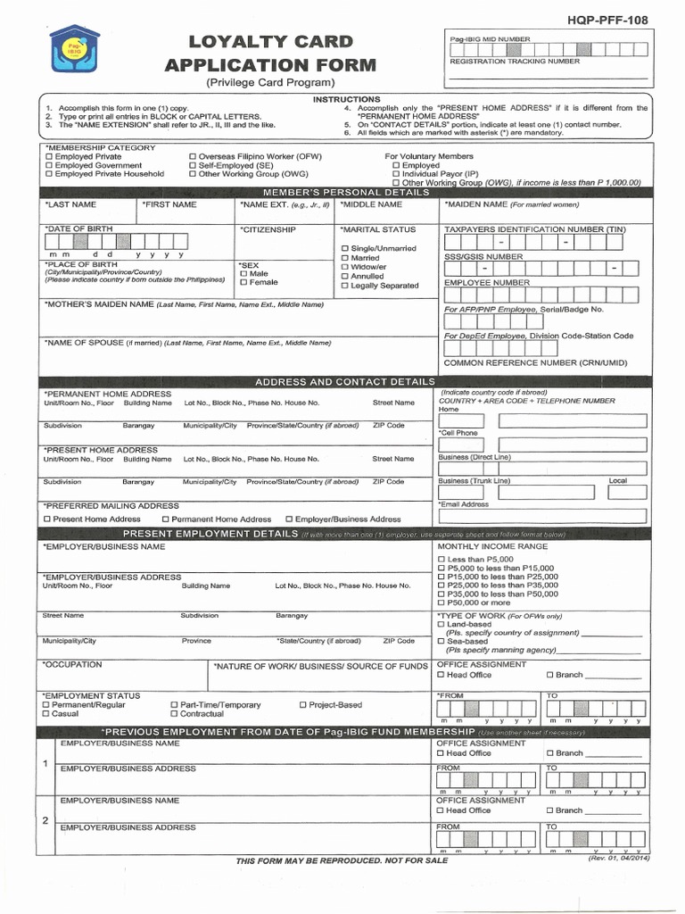 Loyalty Card Application Form (HQP-PFF-108, V02) | PDF | Credit ...
