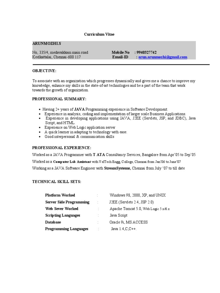 Java Developer CV - Arunmozhi S | PDF | Java Server Pages | Java Servlet