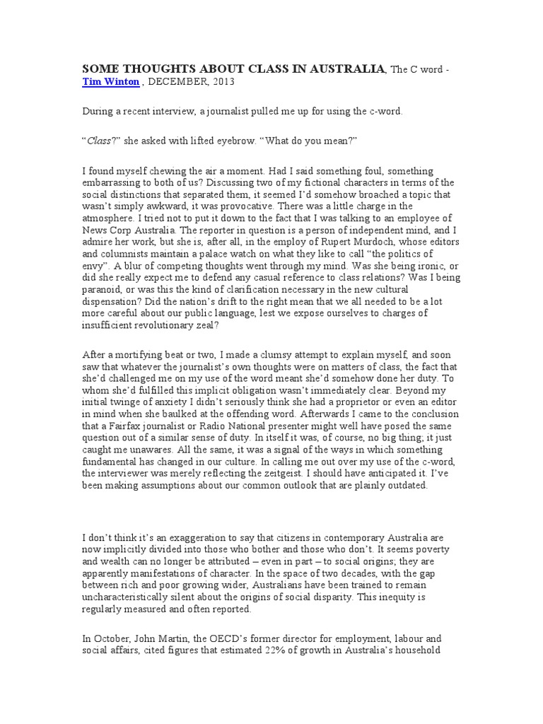 Class in Australia, Tim Winton | PDF