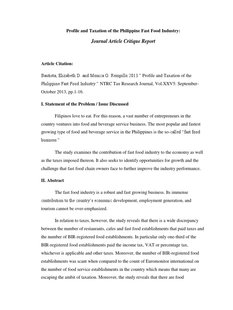 Profile and Taxation of The Fast Food Industry | PDF | Taxes | Value ...