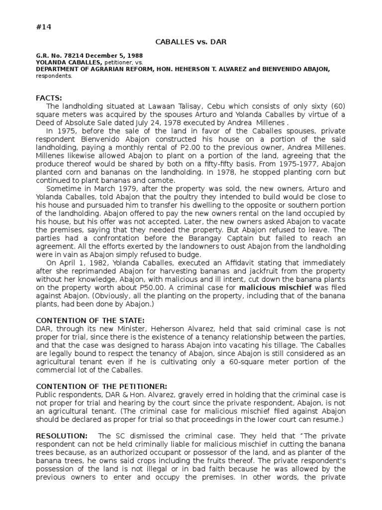 Digest - Caballes Vs Dar | PDF | Leasehold Estate | Common Law