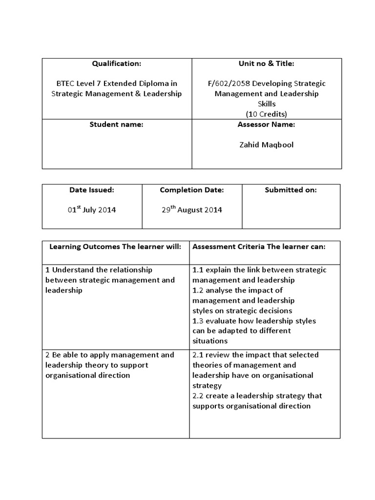BTEC L7 Developing Strategic Management & Leadership Skills Assignment ...