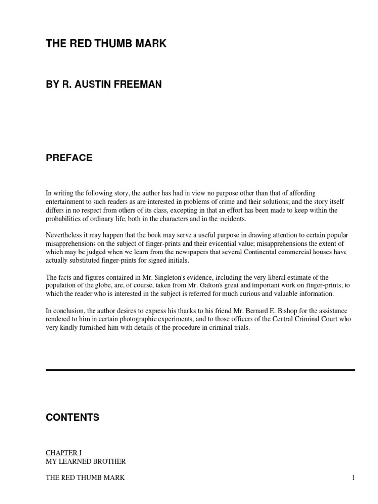 The Red Thumb Mark: A Crime Mystery | PDF | R. Austin Freeman | Fingerprint