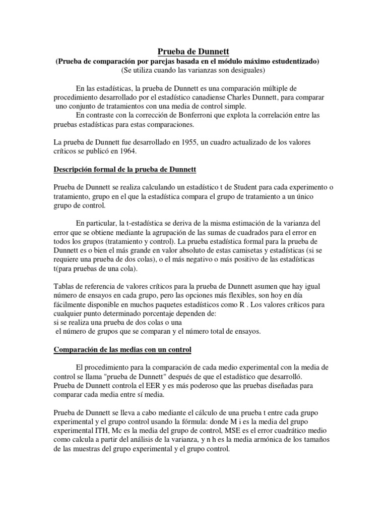 Prueba de Dunnett | PDF | Análisis de variación | Estadísticas