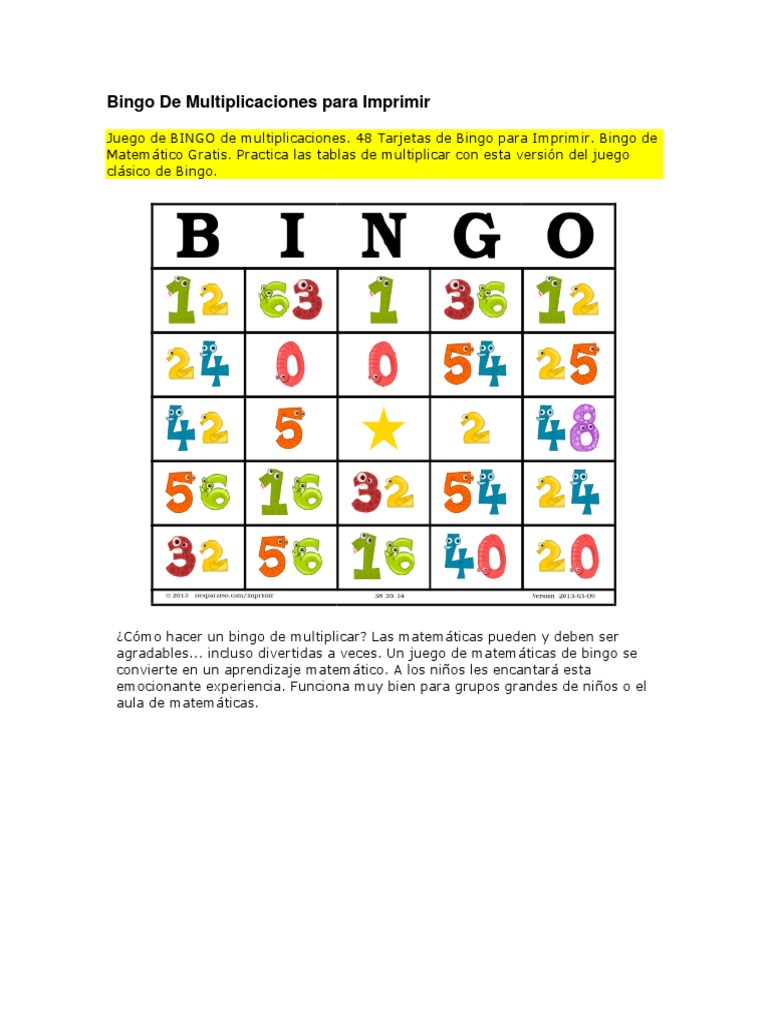 Bingo de Multiplicaciones Imprimible | PDF | Multiplicación | Ocio