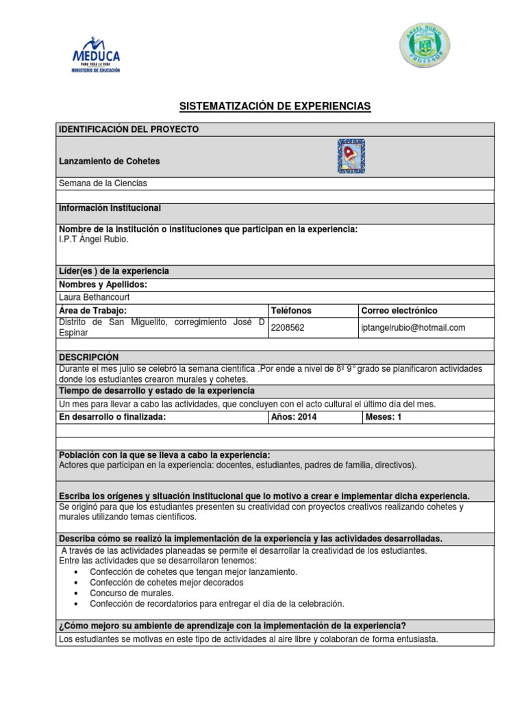 Ejemplo de Sistematizacion de Experiencia | PDF | Cohete | Aprendizaje