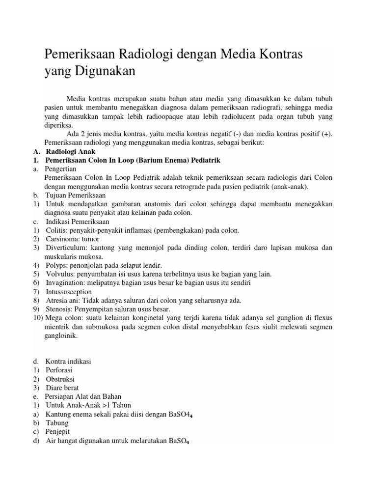 Pemeriksaan Radiologi Dengan Media Kontras Yang Digunakan | PDF
