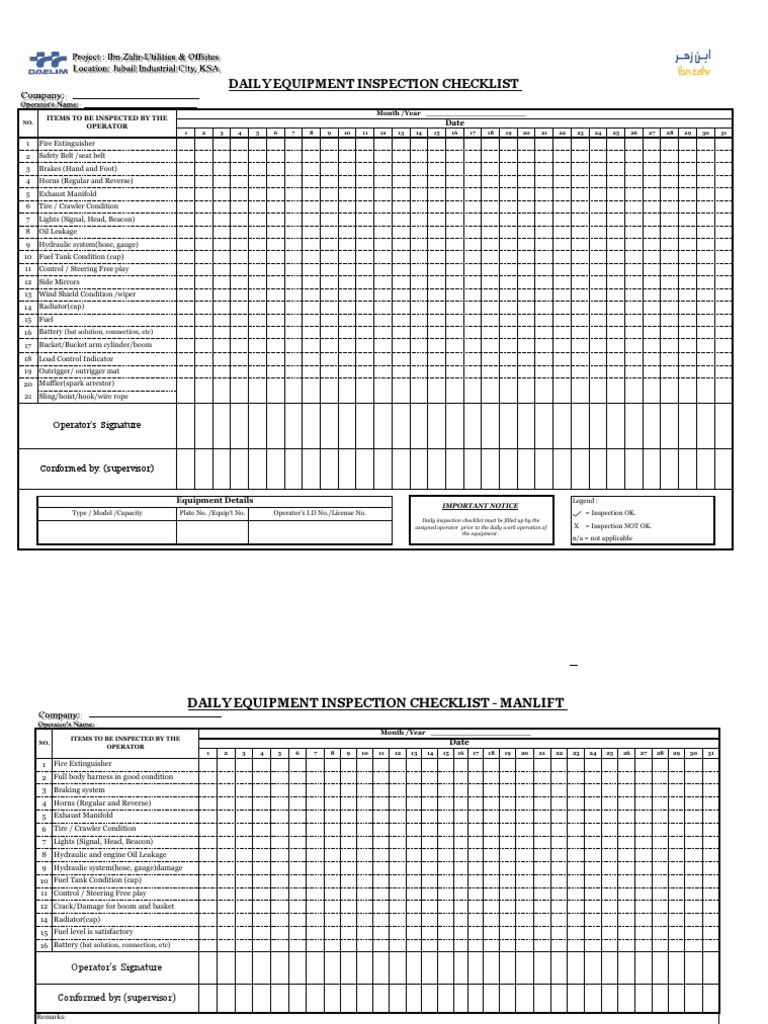 Daily Inspection Checklist For MANLIFT | PDF
