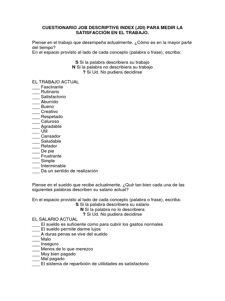 Cuestionario Job Descriptive Index | PDF | Sicología