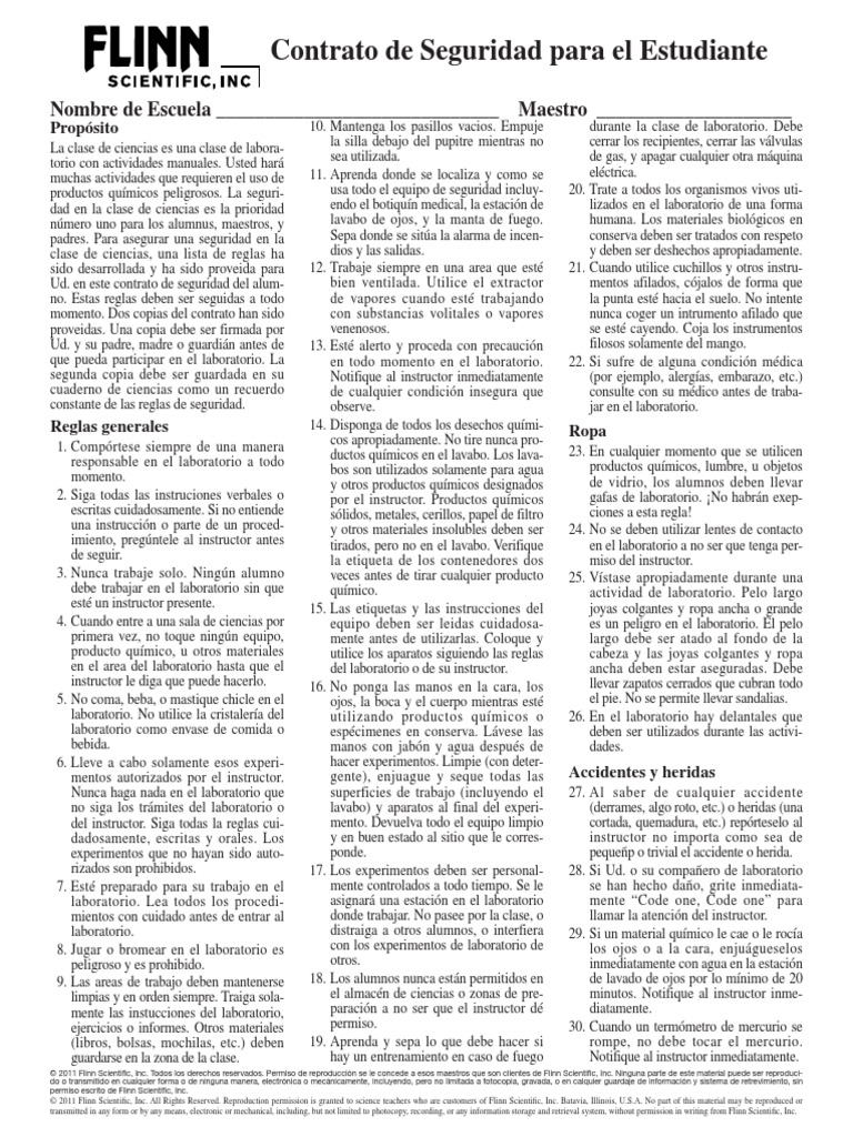 Flinn Safety Contract Spanish | PDF | Laboratorios | Agua