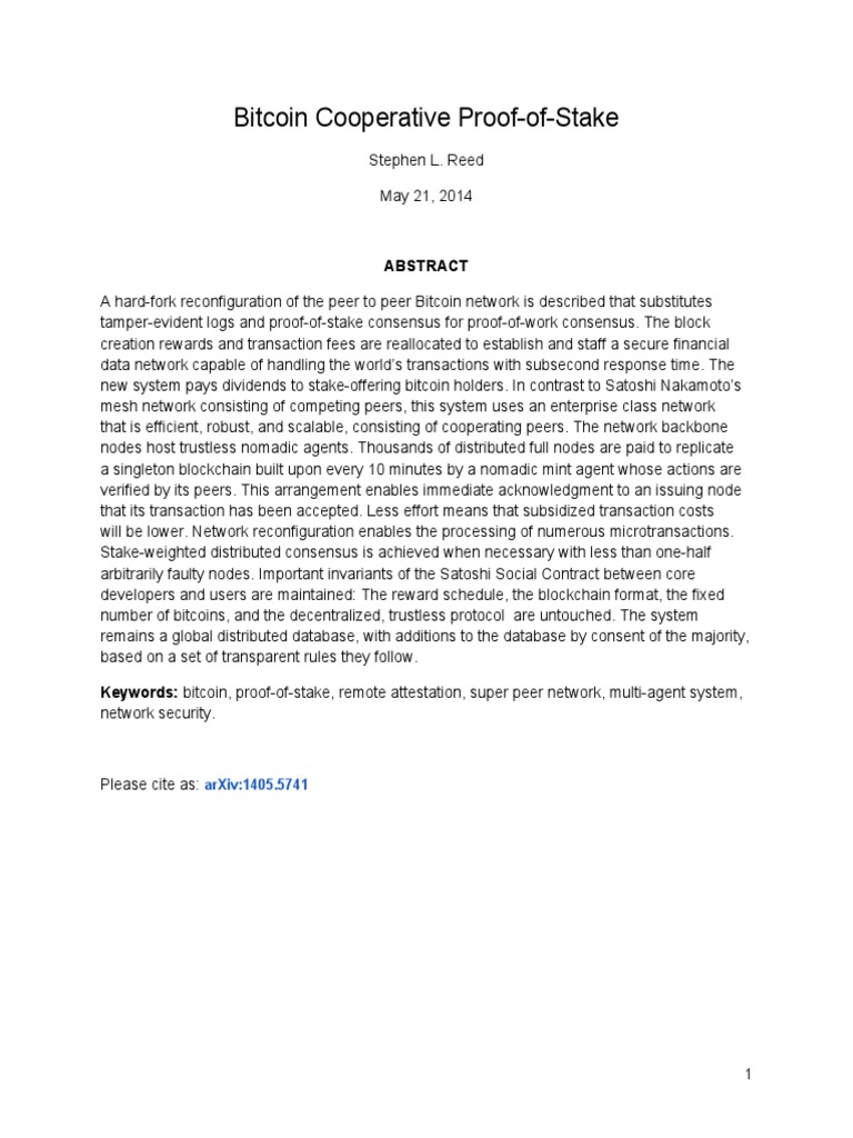 BitcoinCooperativeProof of Stake | PDF | Blockchain (Database) | Bitcoin