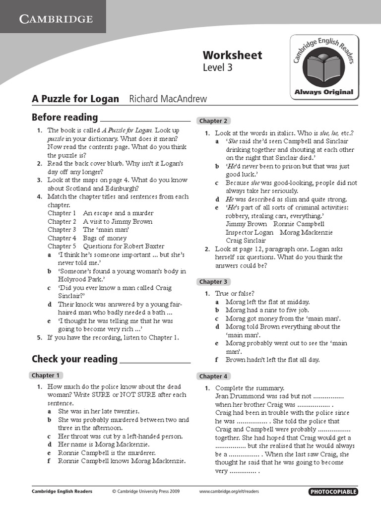 Worksheet: A Puzzle For Logan | PDF | Violence | Crime Thriller