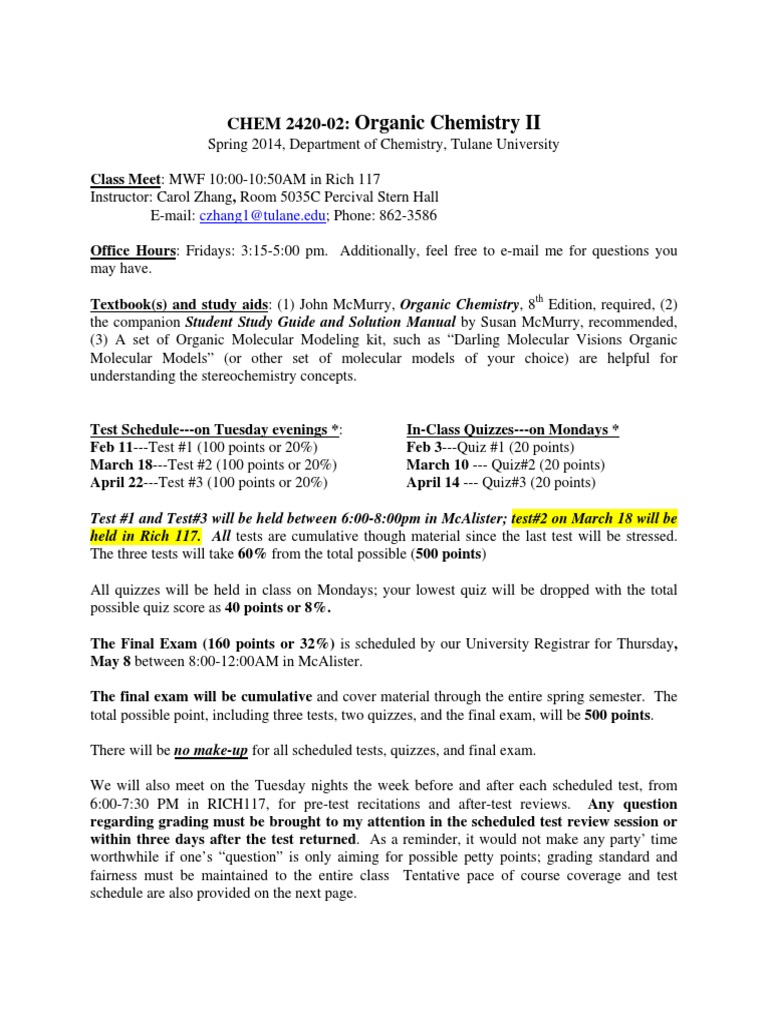 Organic Chemistry Syllabus Spring 2014 | Educational Assessment And ...