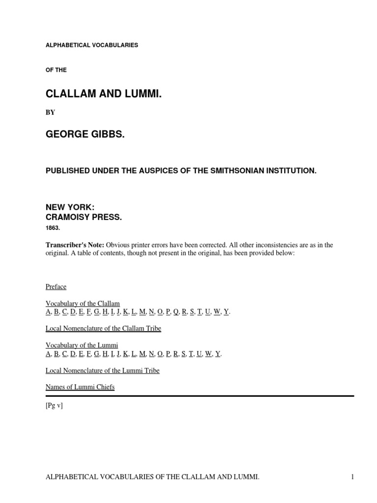 Alphabetical Vocabularies of The Clallum and Lummi by Gibbs, George ...