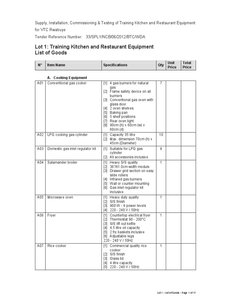 Restaurant Equipment List | PDF | Cookware And Bakeware | Digital Camera