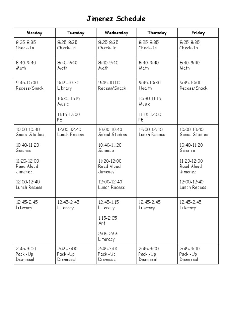 Jimenez Weekly Class Schedule | PDF