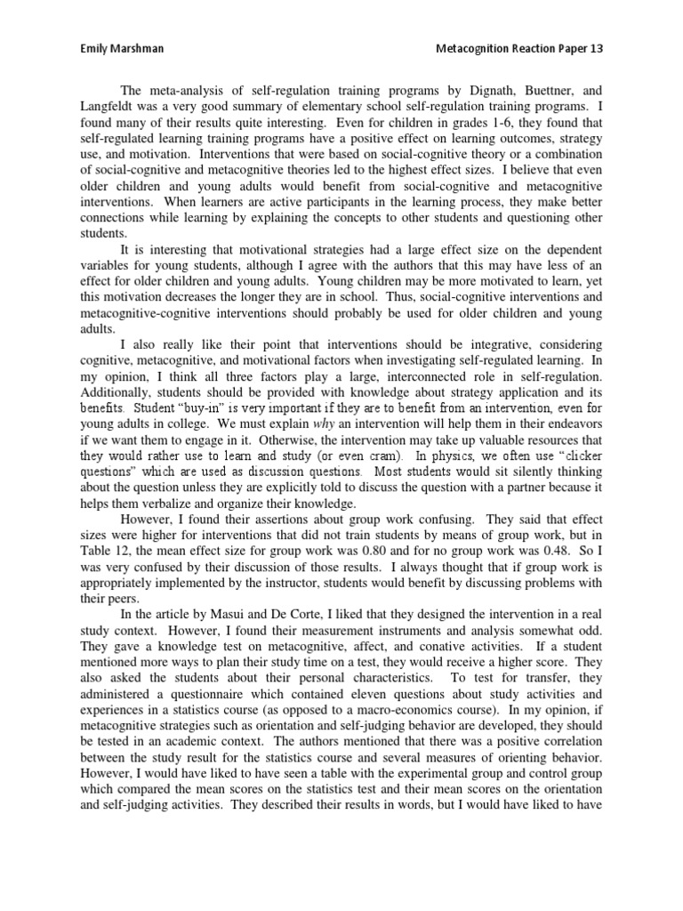 Metacognition Reaction Paper 1 | PDF | Metacognition | Motivation