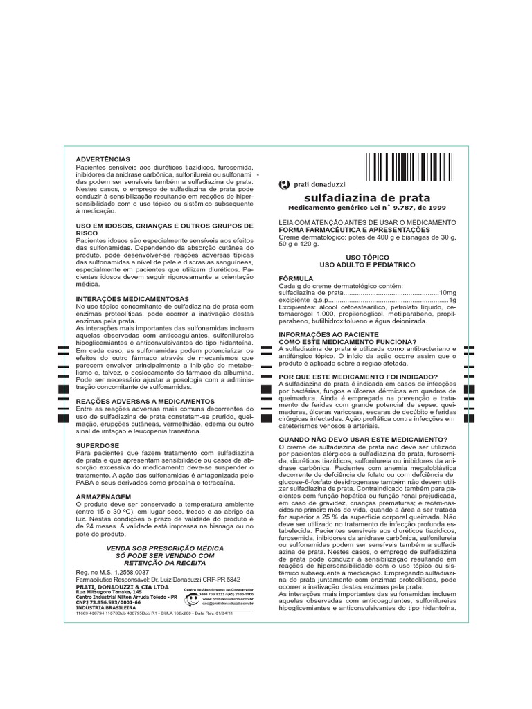 Sulfadiazina de Prata 1 Creme Dermatol Gico Bisnaga 30g | PDF ...