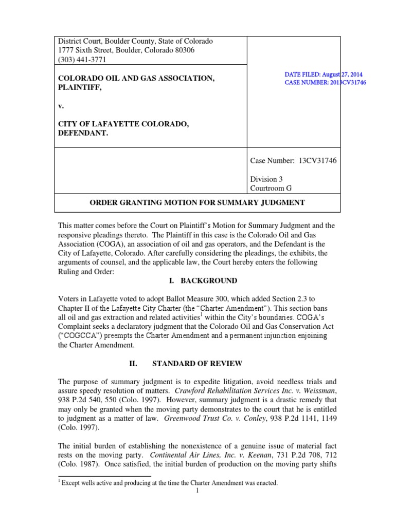 Order Granting Motion of Summary Judgment in COGA Vs City of Lafayette | Federal Preemption ...
