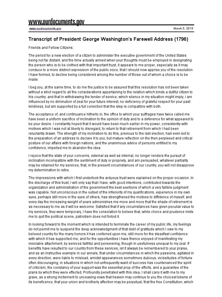 Washington's Farewell Address, Complete | PDF | Morality | Justice