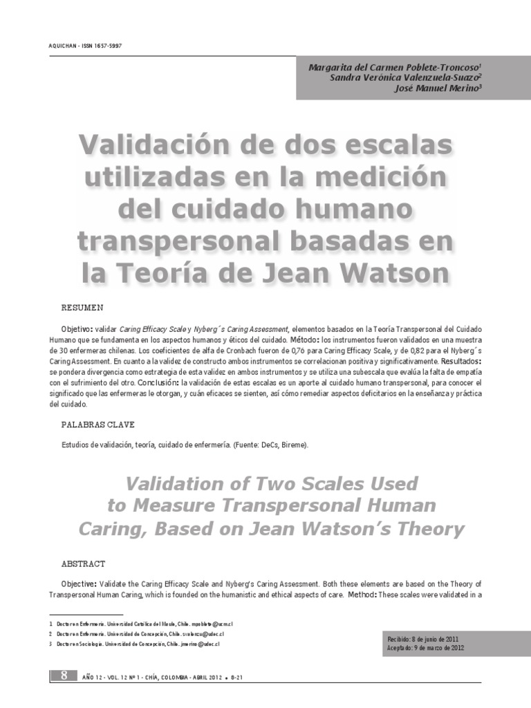 Validacion de Dos Escalas Utilizadas en La Medicion Del Cuidado Humano Transpersonal Basadas en ...