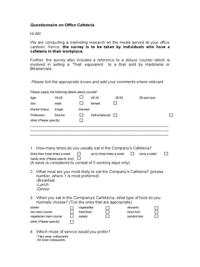 Cafeteria in Their Workplace.: Questionnaire On Office Cafeteria | PDF ...
