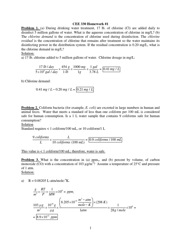 Environmental Engineering Homework #1 Solution | PDF | Chlorine | Litre