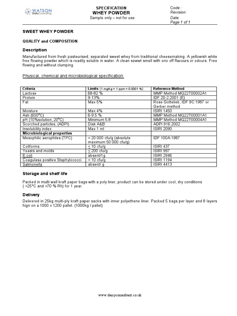 Whey Powder Specification | PDF | Cooking, Food & Wine