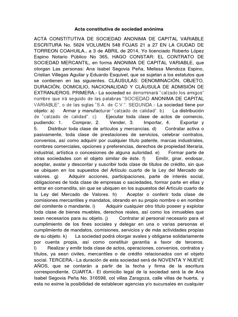 Acta Constitutiva Sociedad Anonima | PDF | Liquidación | Compartir (Finanzas)