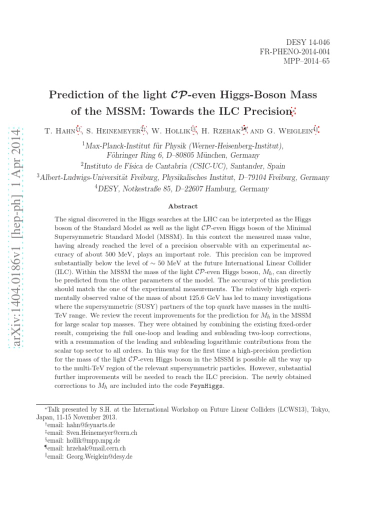 Prediction of The Light CP-even Higgs-Boson Mass of The MSSM: Towards The ILC Precision | PDF ...
